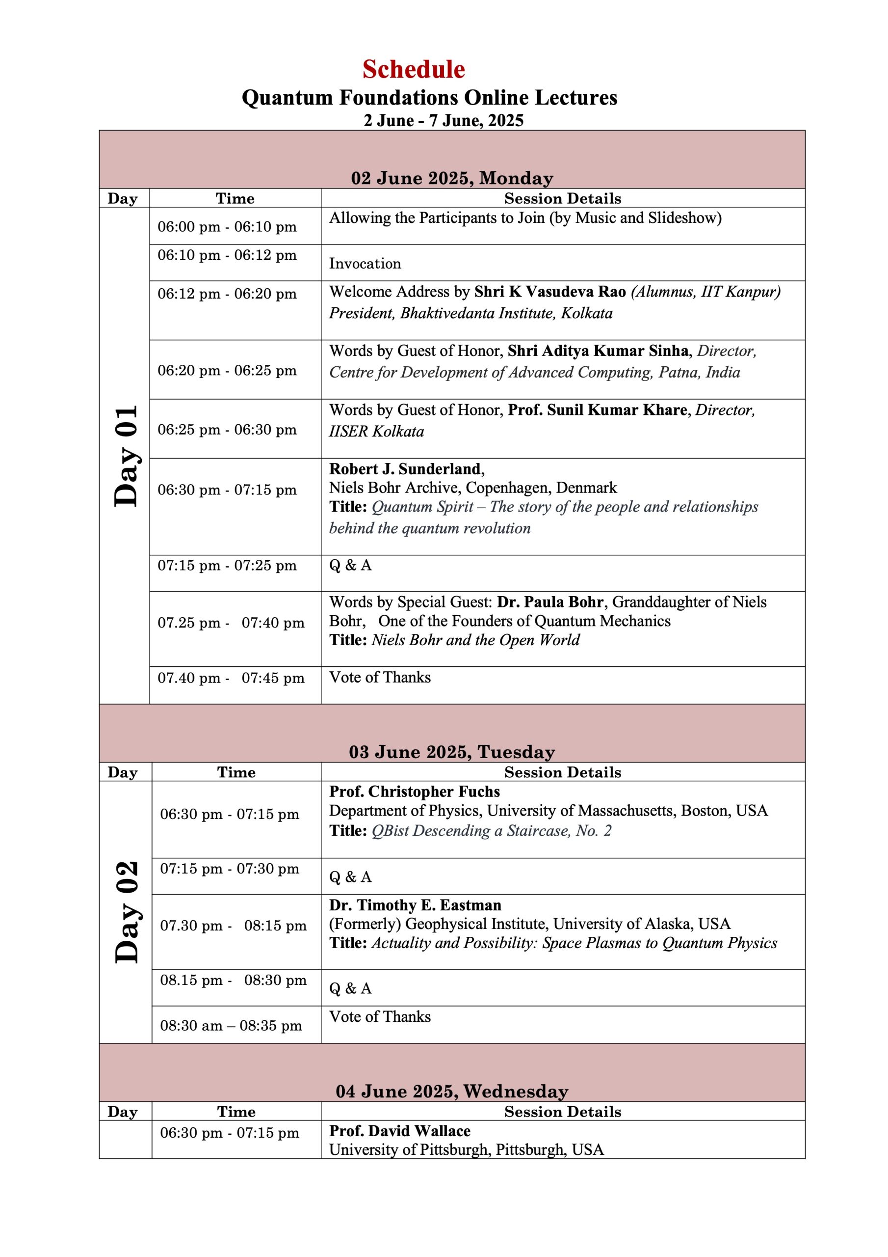 Schedule | Quantum Foundation Online Lectures | Bhaktivedanta Institute ...